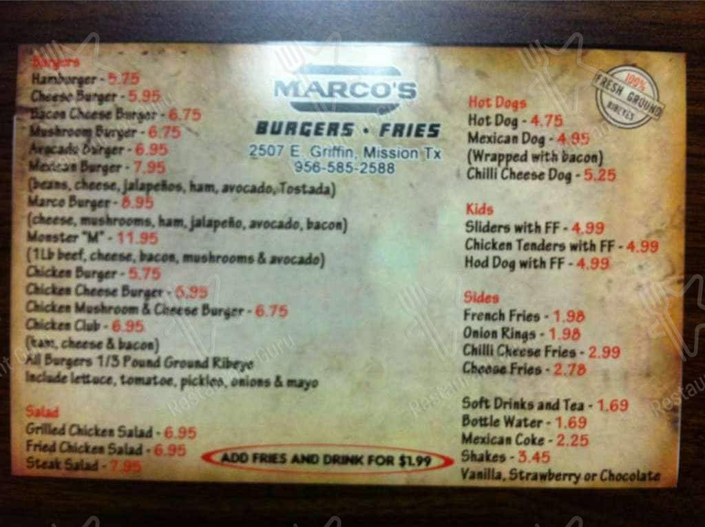 Menu at Marco's Burgers & More restaurant, Mission
