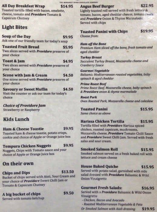 Menu at The Margaret River Chocolate Company restaurant, West Swan, W ...