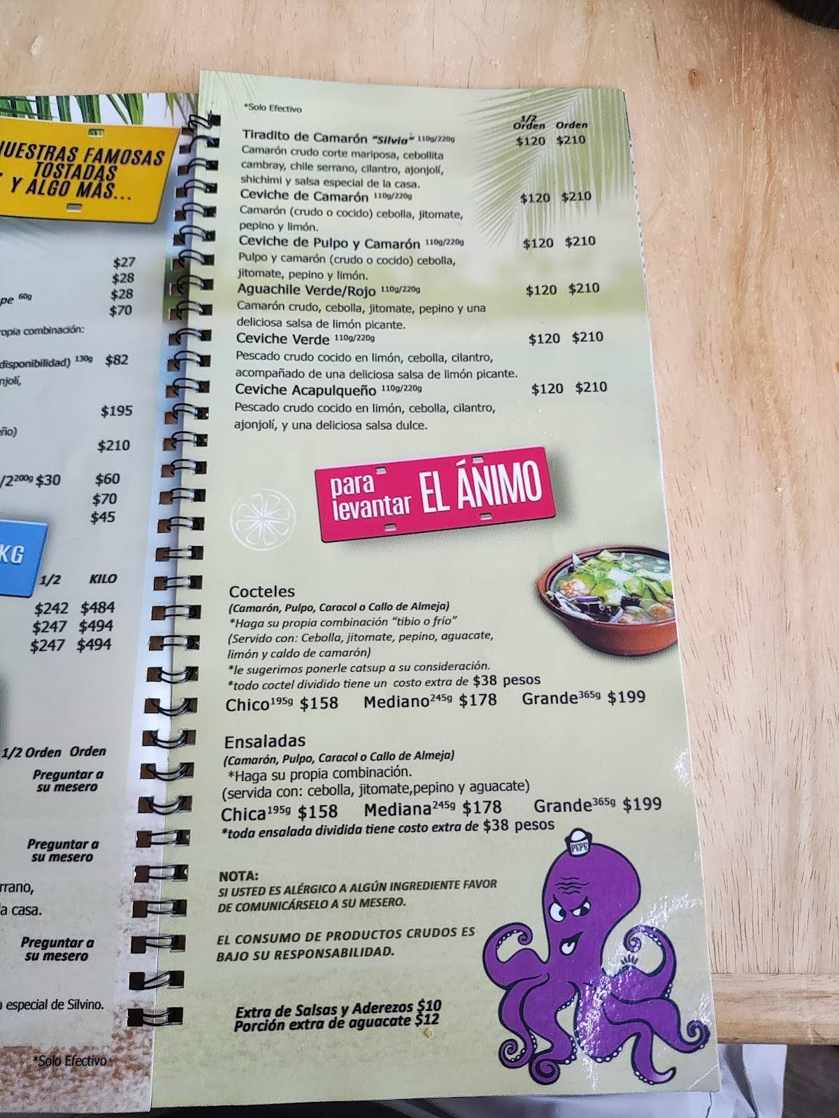 Menu at Mariscos 8 Tostadas restaurant, Puerto Vallarta, Quilla s/n ...