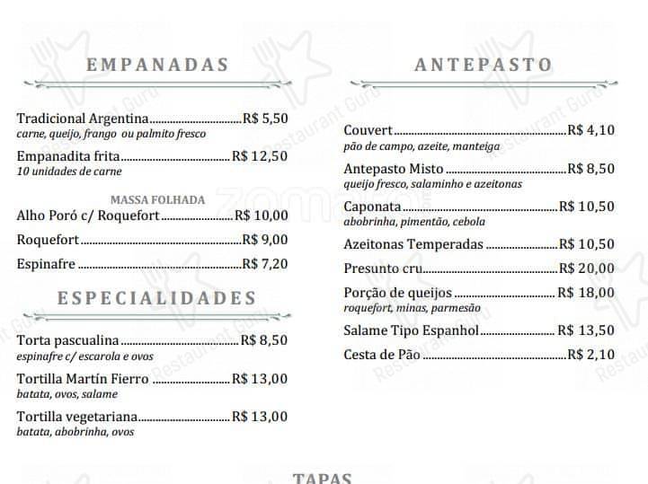 Menu em Martín Fierro restaurante, São Paulo, R. Aspicuelta