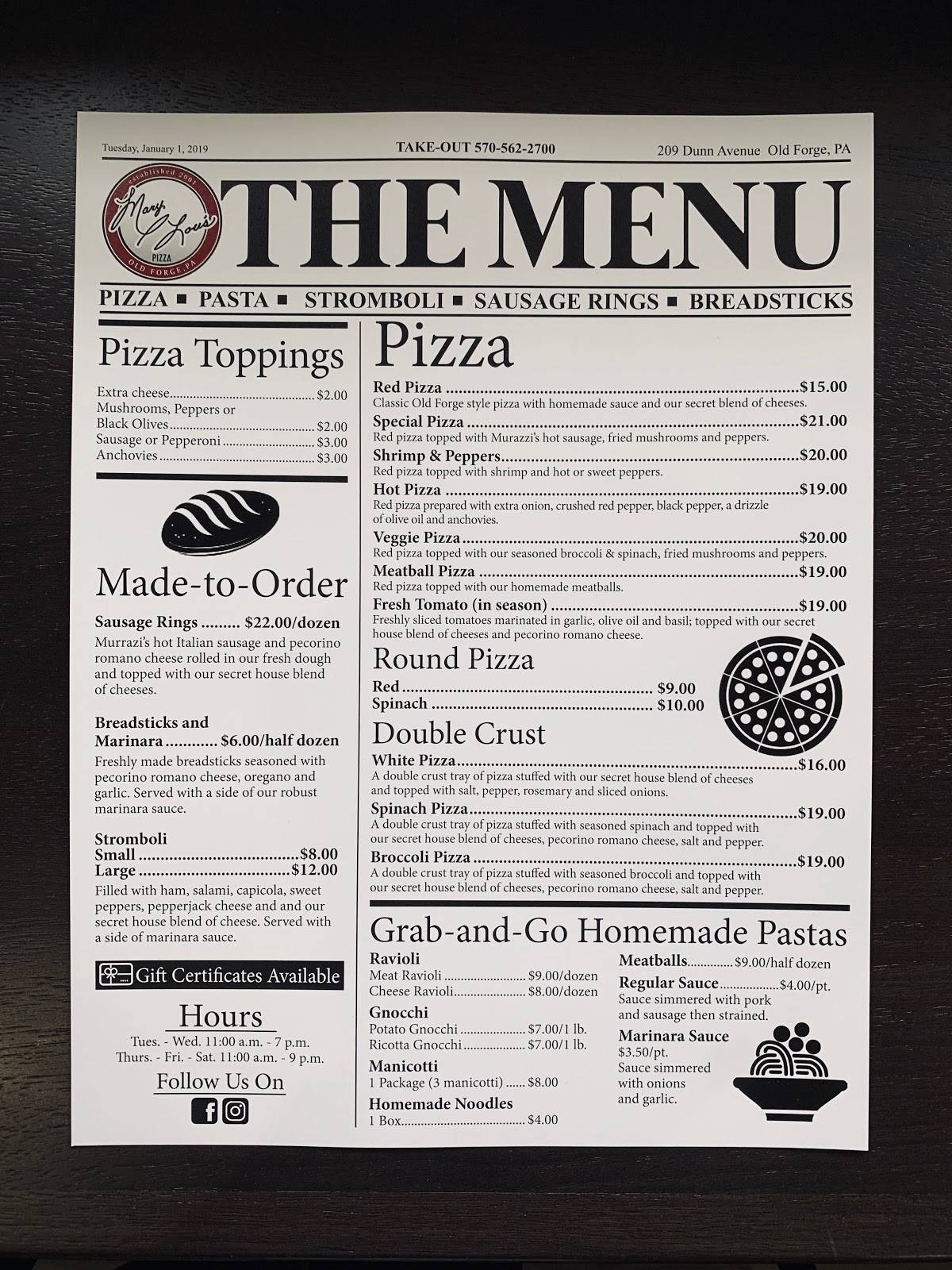 Menu at Mary Lou’s Pizza pizzeria, Old Forge, 209 Dunn Ave