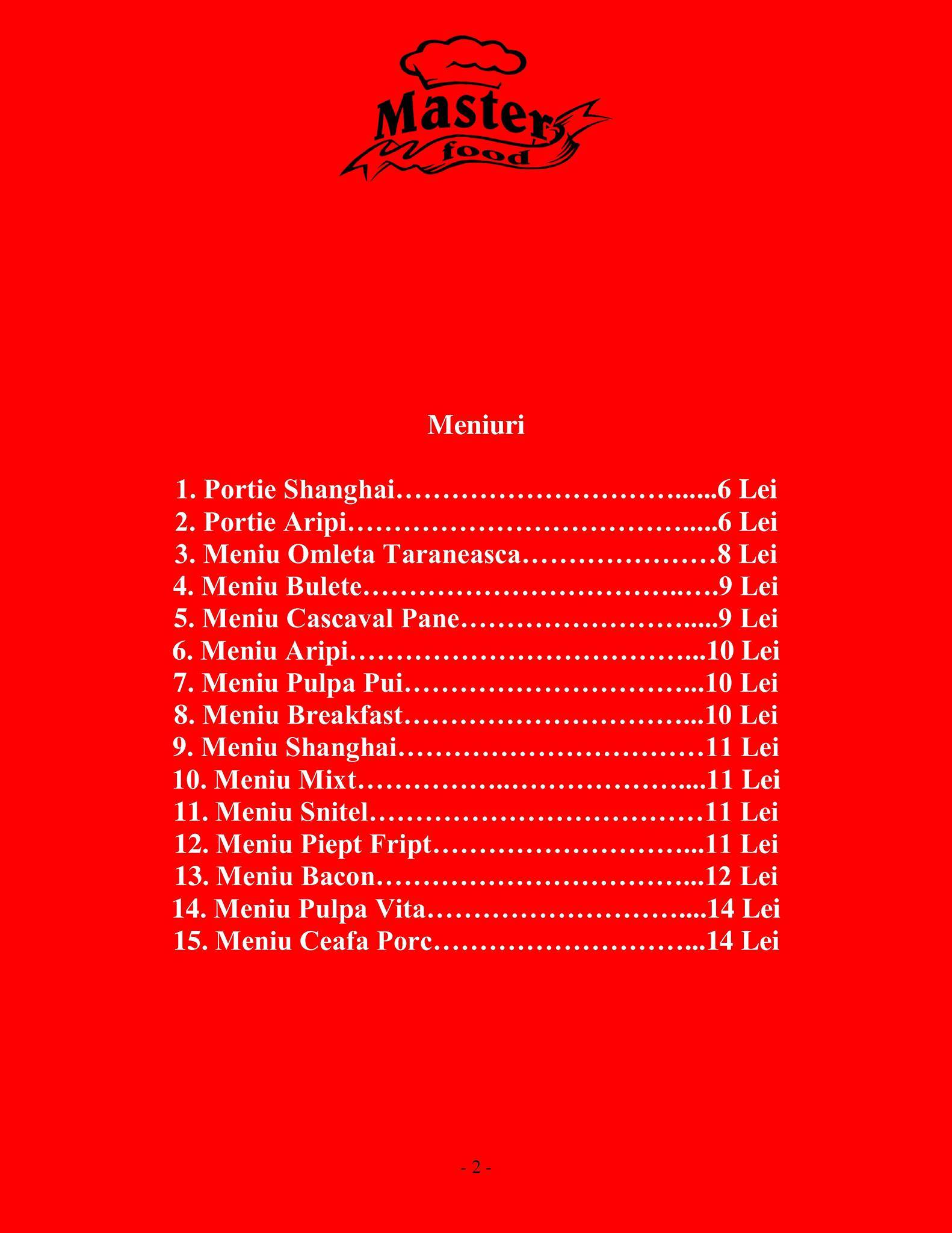 Speisekarte von Master Food, Târgoviște