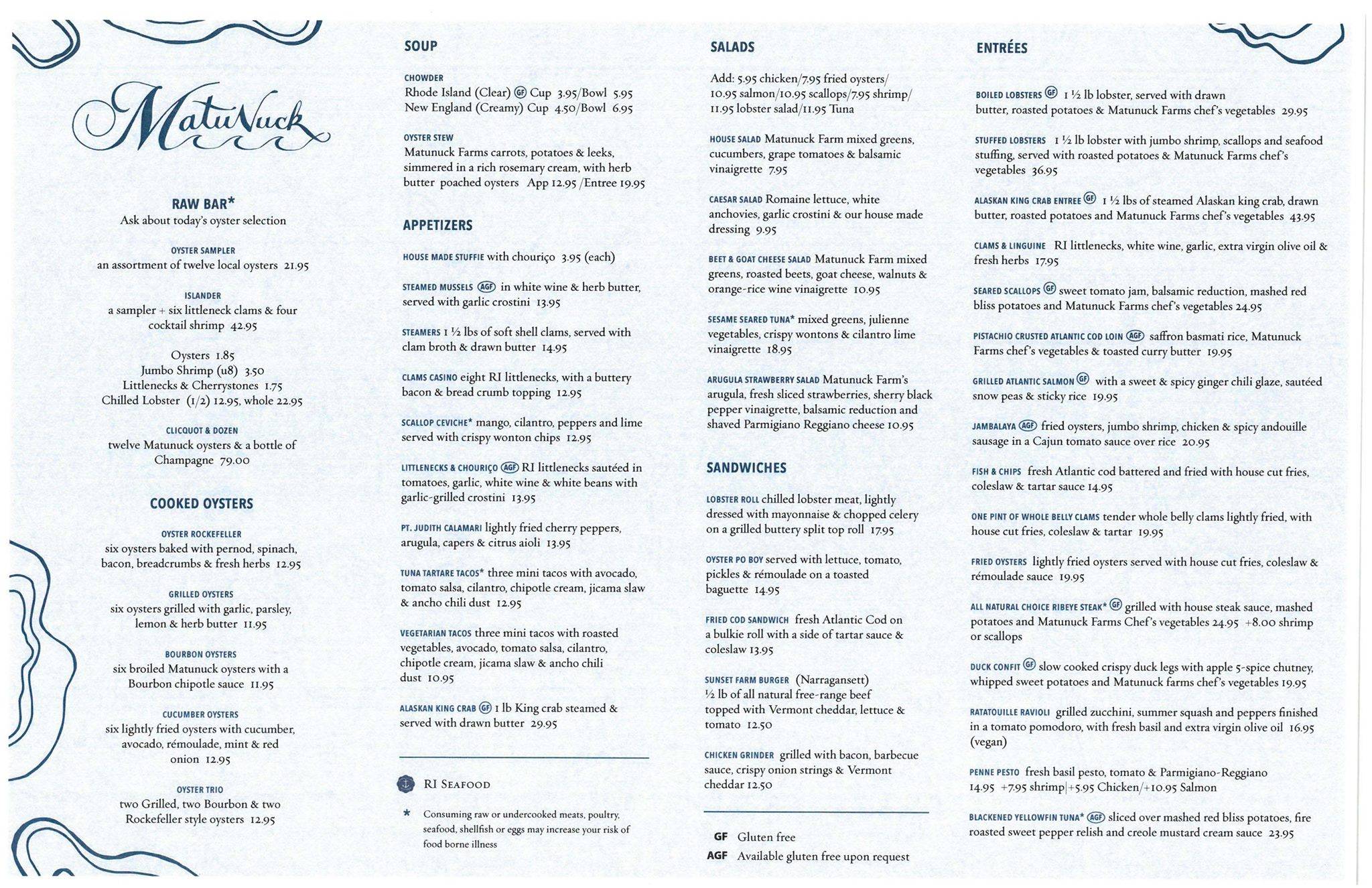 Menu at Matunuck Oyster Bar, South Kingstown, 629 Succotash Rd