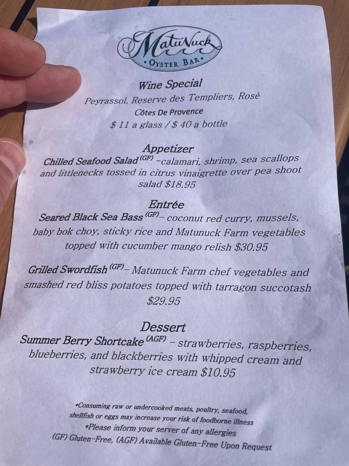 Menu at Matunuck Oyster Bar, South Kingstown, 629 Succotash Rd