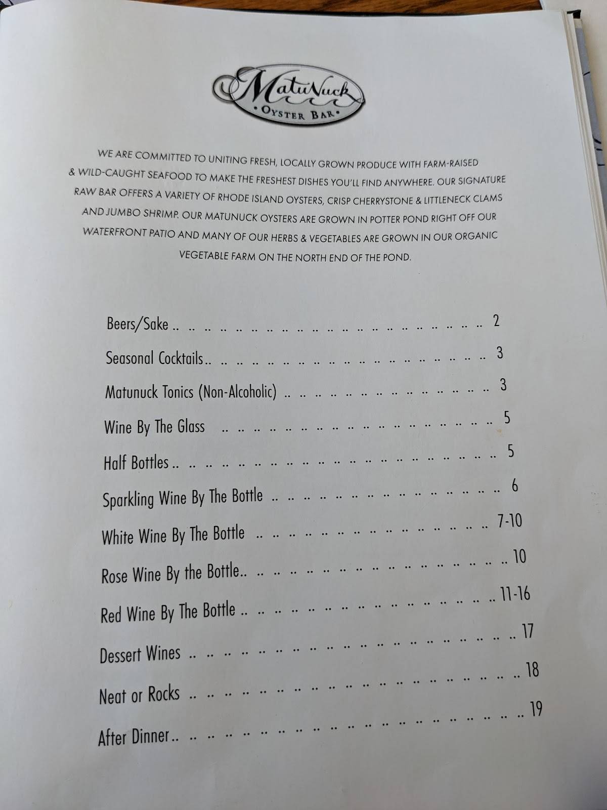 Menu at Matunuck Oyster Bar, South Kingstown, 629 Succotash Rd