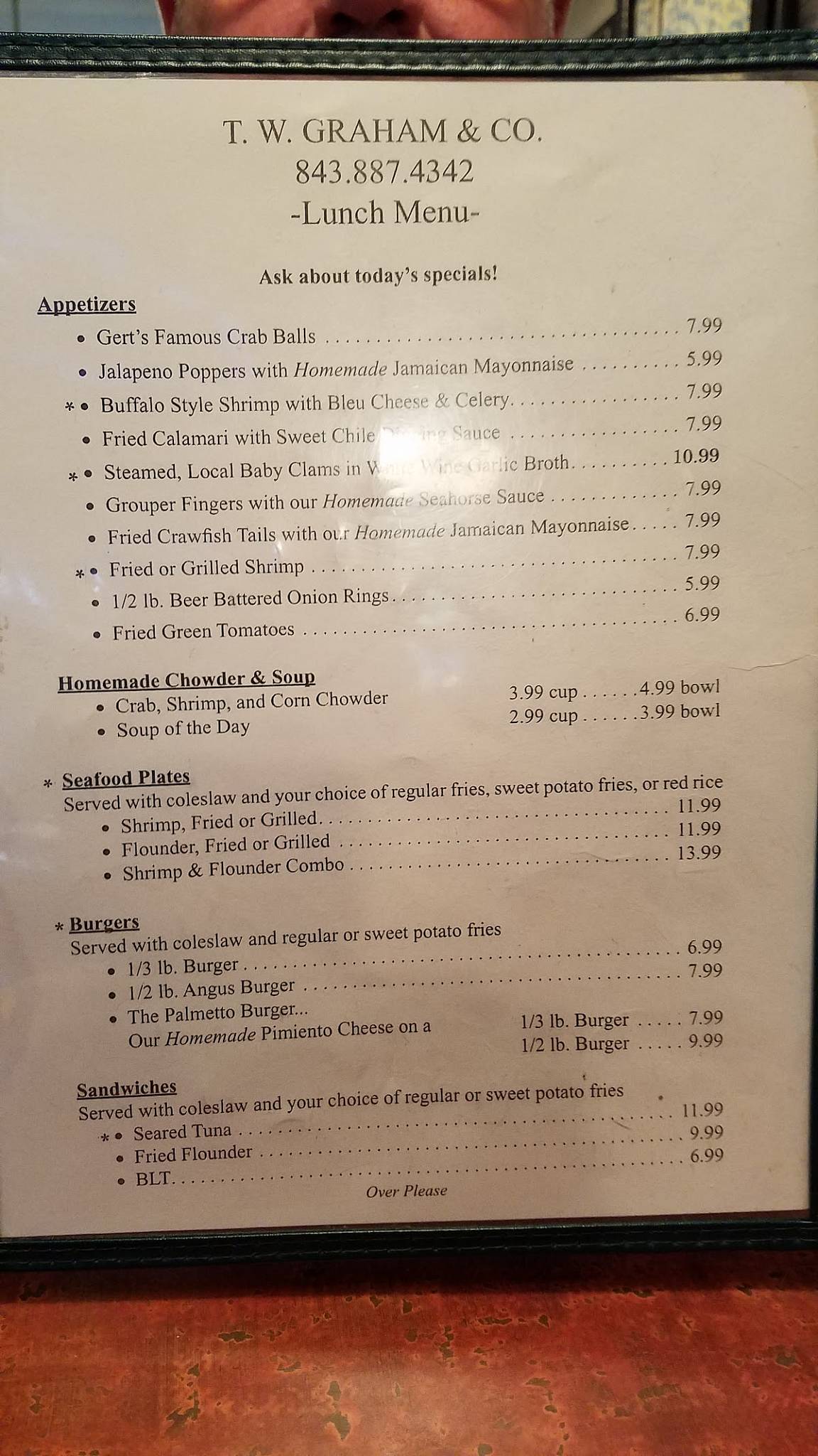 Menu at T W Graham & Co restaurant, McClellanville