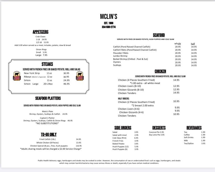 Menu at McLin's Restaurant, Daleville, 2 Old Newton Rd