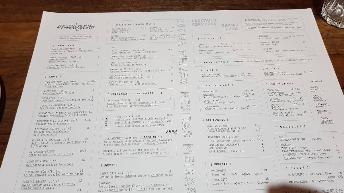 Menu at Meigas restaurant, Ballarat Central