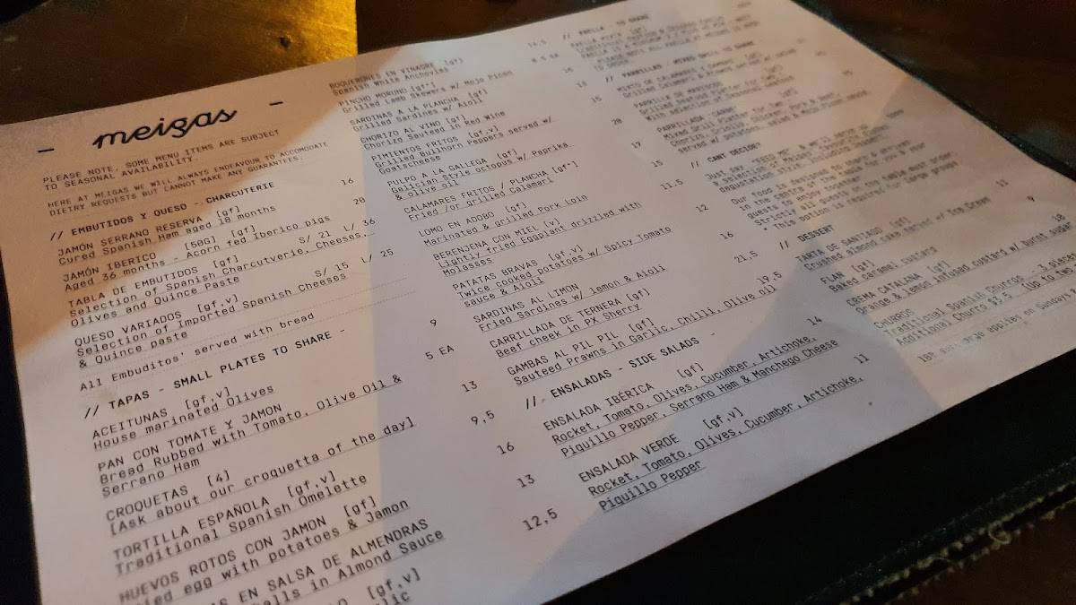 Menu at Meigas restaurant, Ballarat Central