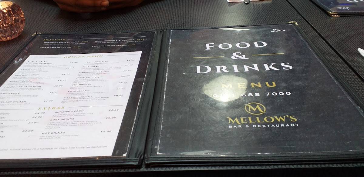 Menu at Mellow's restaurant, Birmingham
