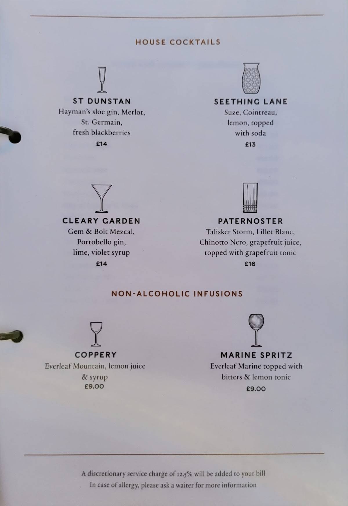 Menu at Mercer Roof Terrace restaurant, London, 20 Garlick Hill