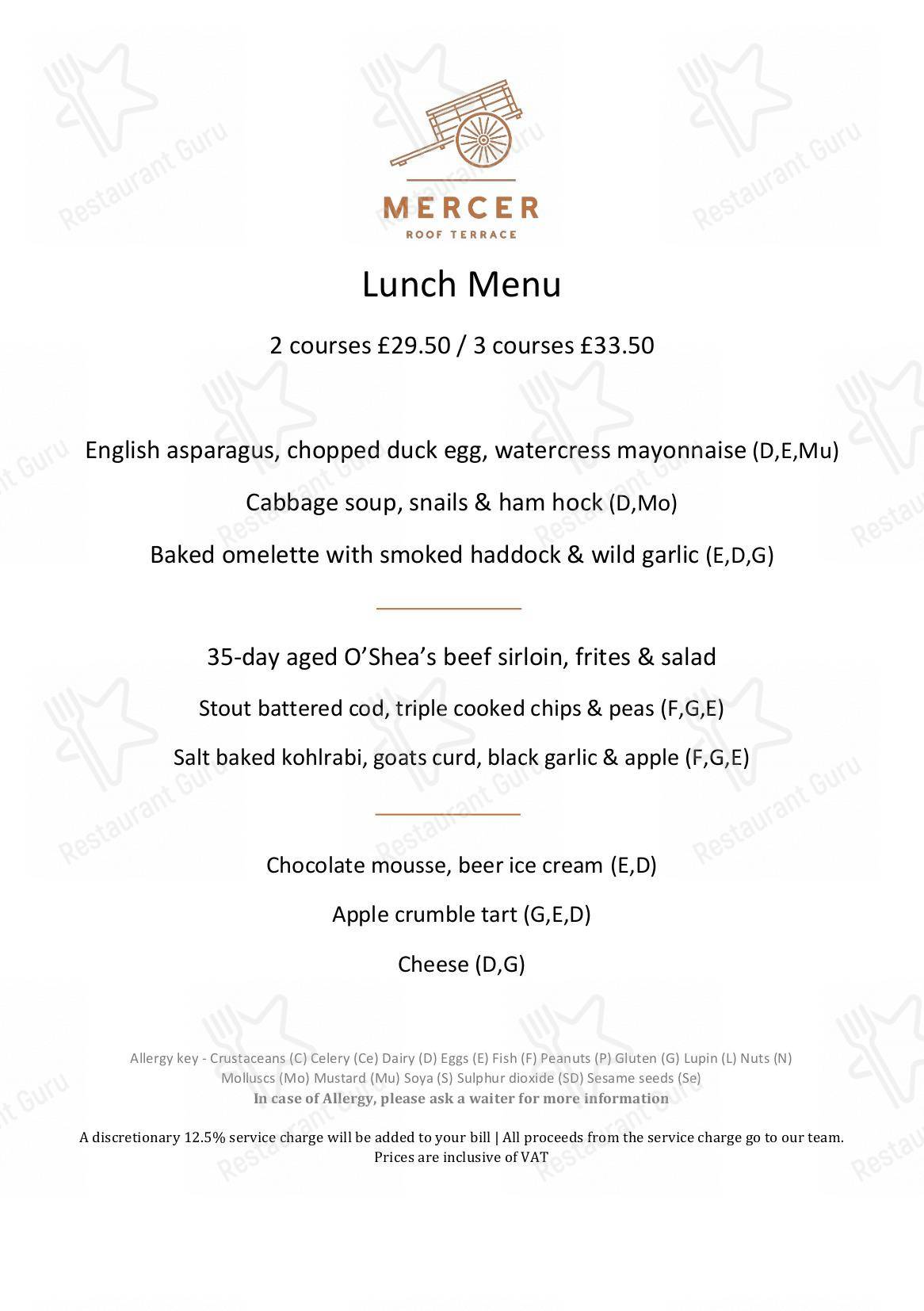 Menu at Mercer Roof Terrace restaurant, London, 20 Garlick Hill