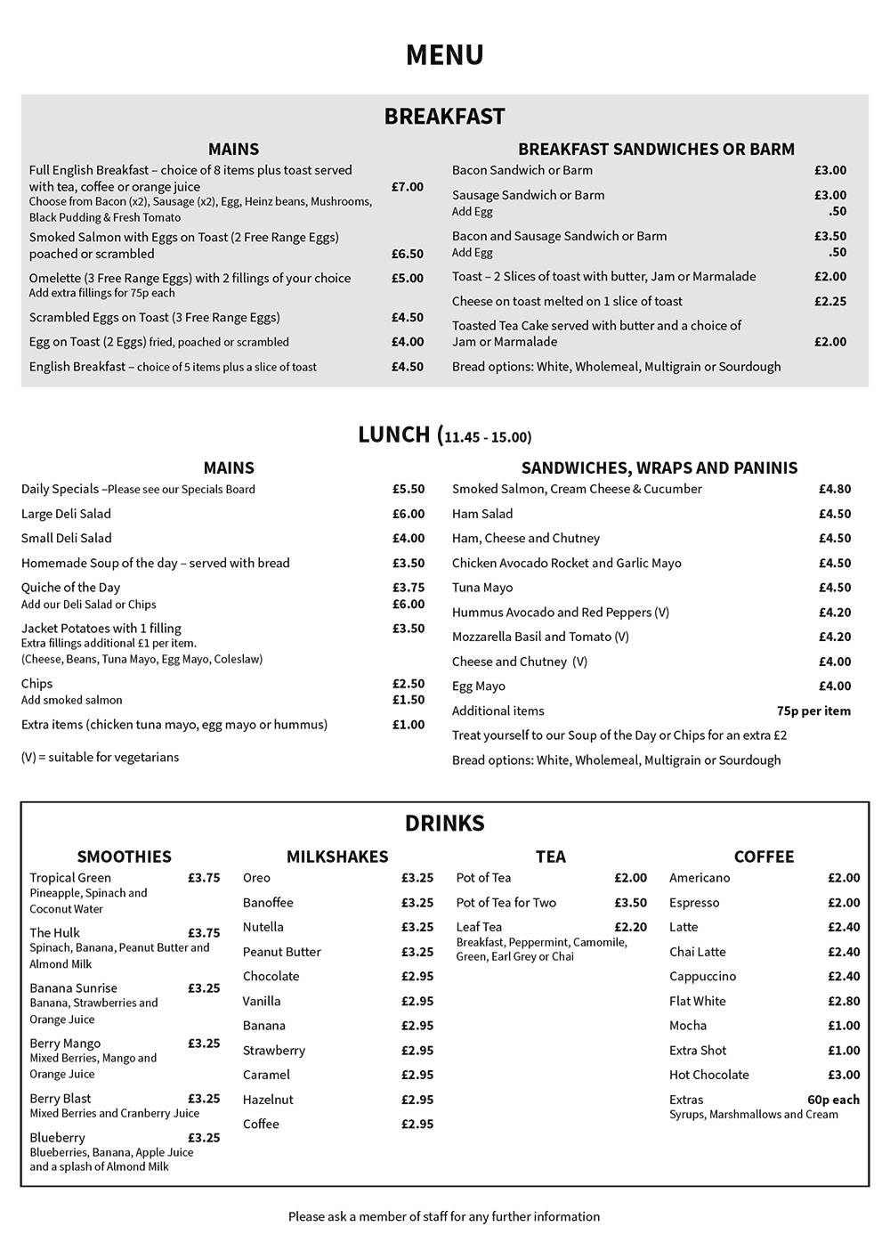 Menu at Merlin's Bakery Cafe, Burscough