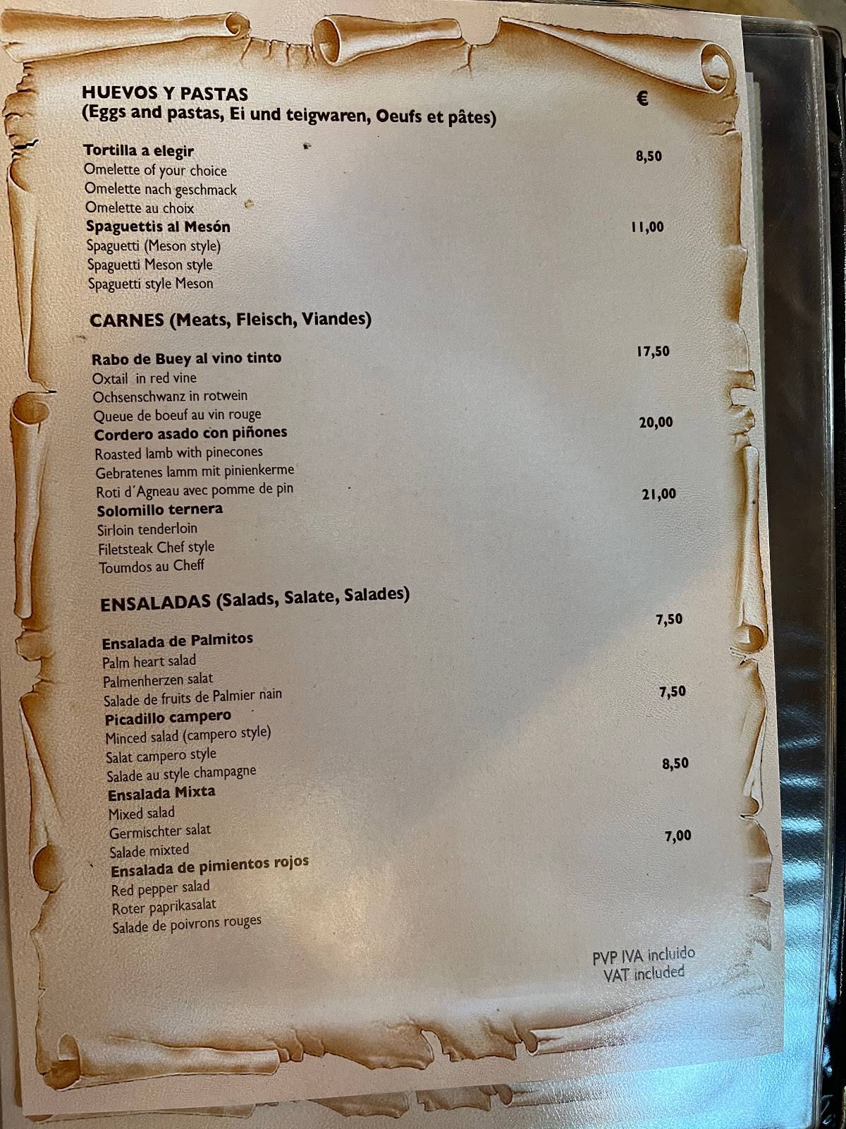 Carta del restaurante Mesón del Castillo, La Chullera