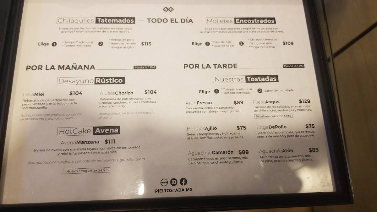 Menu at Piel Tostada restaurant, Mexico City