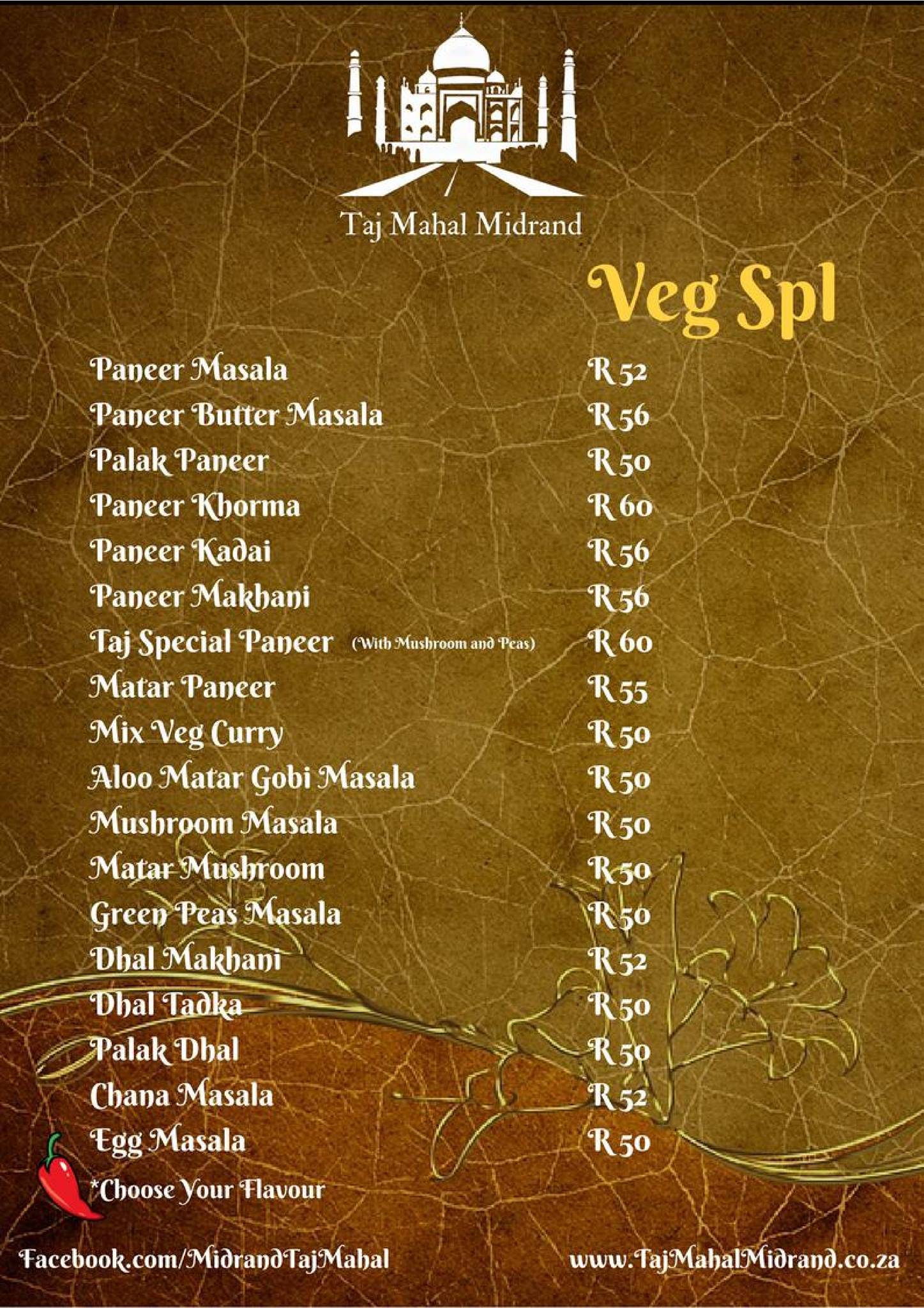 Menu at Taj Mahal Indian Restaurant, Midrand, 37 Le Roux Avenue