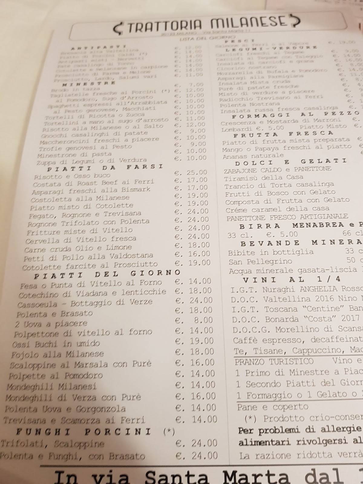 Menu da Trattoria Milanese - Dal 1933 caffè bar, Milano, Via Santa Marta