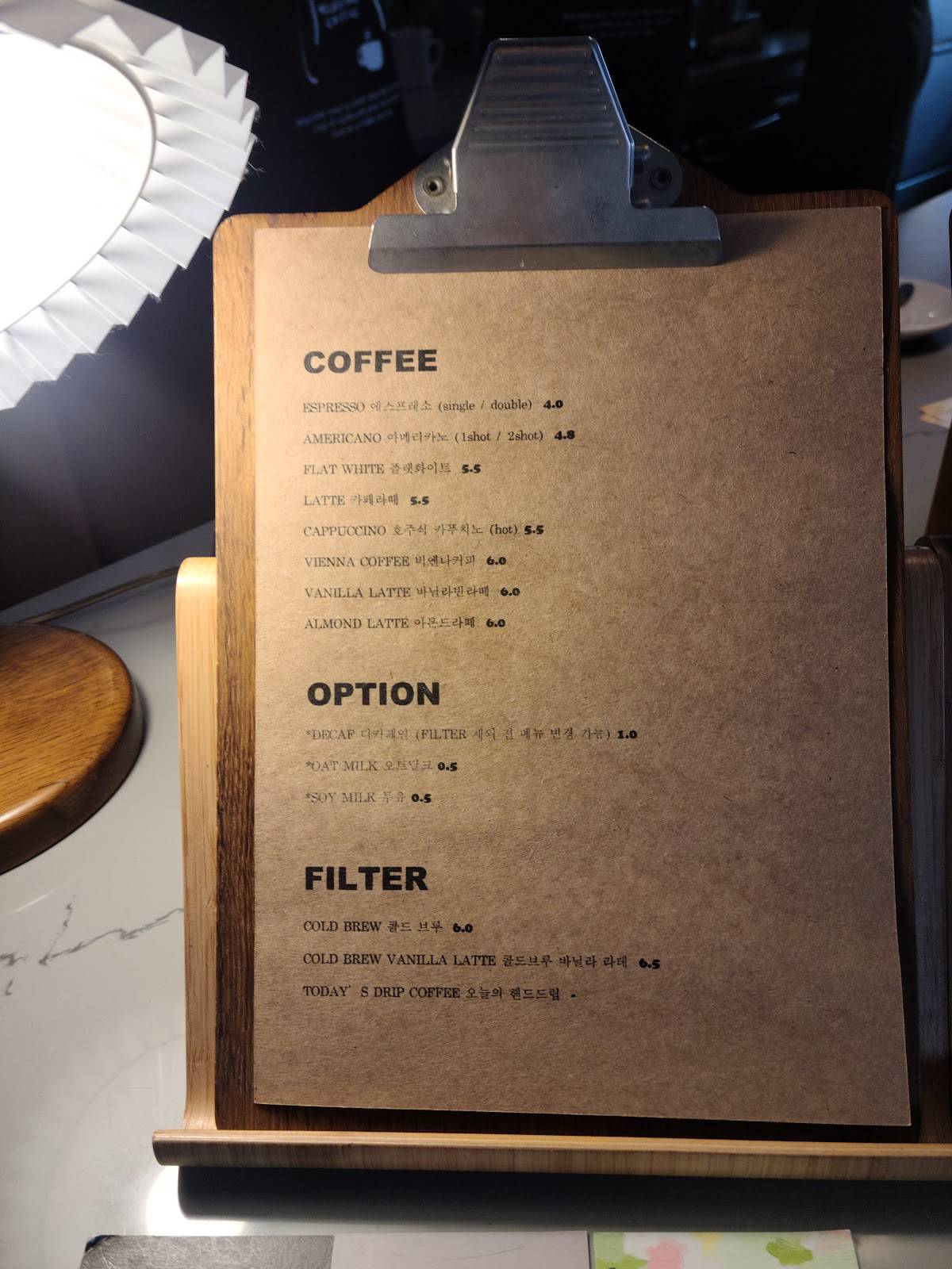 Menu at Milestone Coffee cafe, Seoul, 49 Nonhyeon-ro 159-gil