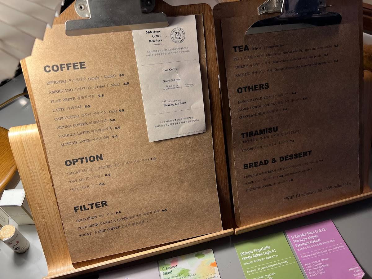 Menu at Milestone Coffee cafe, Seoul, 49 Nonhyeon-ro 159-gil