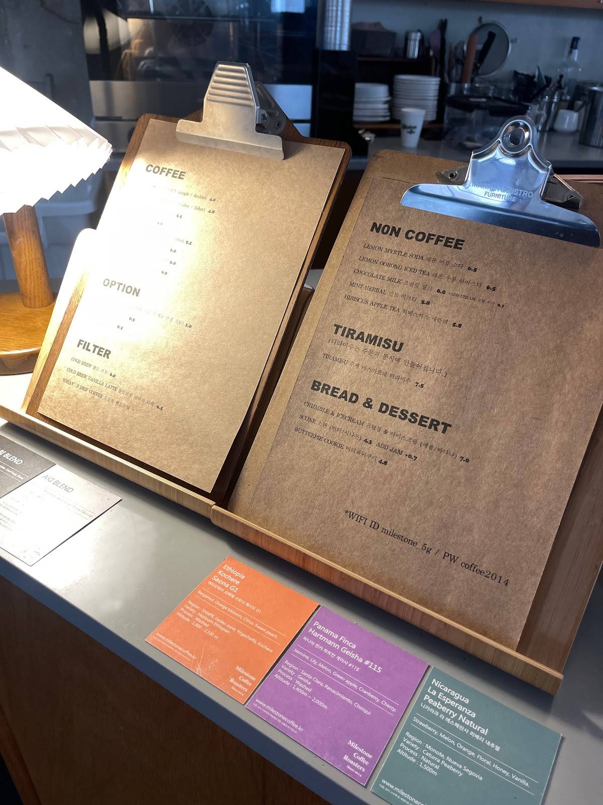 Menu at Milestone Coffee cafe, Seoul, 49 Nonhyeon-ro 159-gil