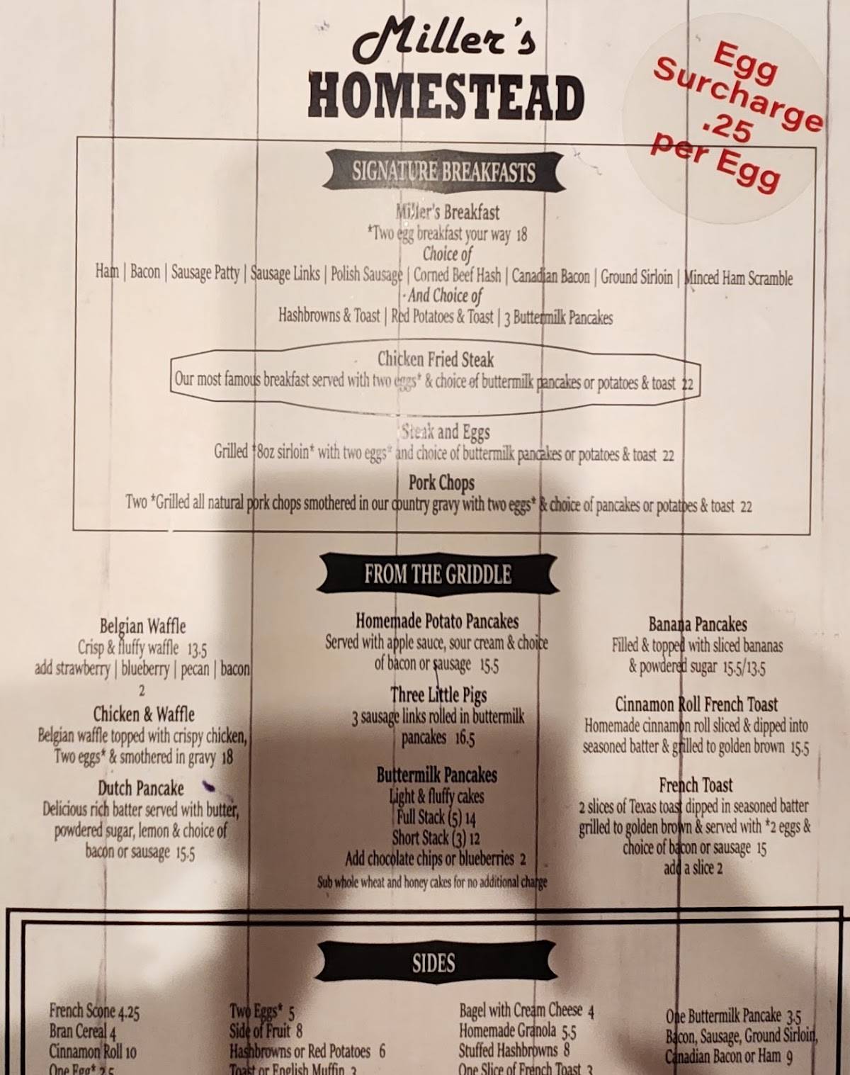 Menu at Miller's Homestead restaurant, Tigard