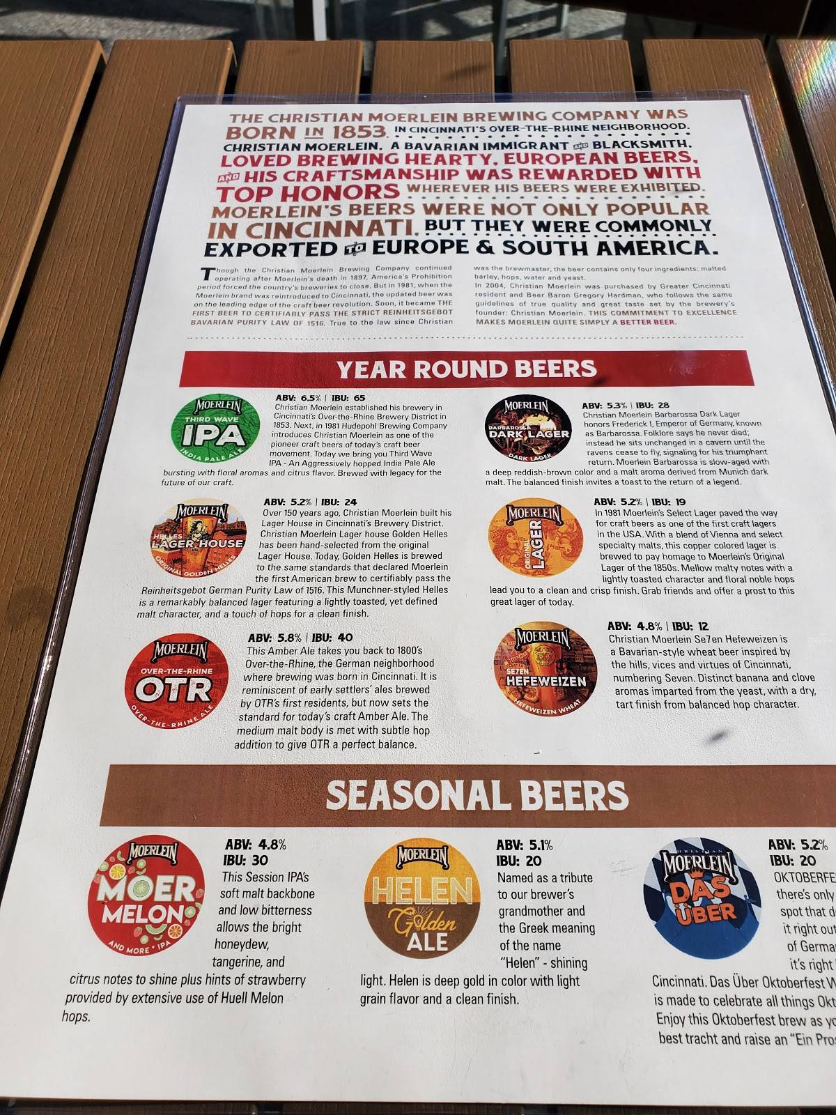 Menu at Moerlein Lager House pub & bar, Cincinnati