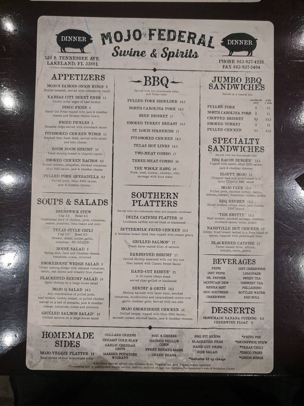 Menu at Mojo Federal Swine & Spirits BBQ, Lakeland