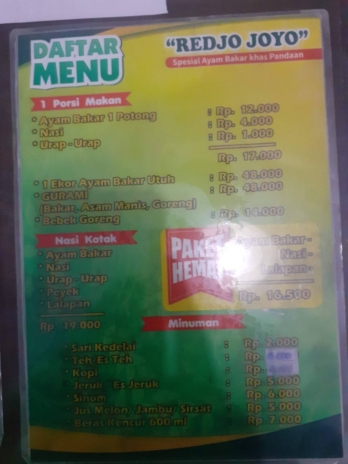 Menu at Lesehan Redjo Joyo Mojokerto restaurant, Mojokerto