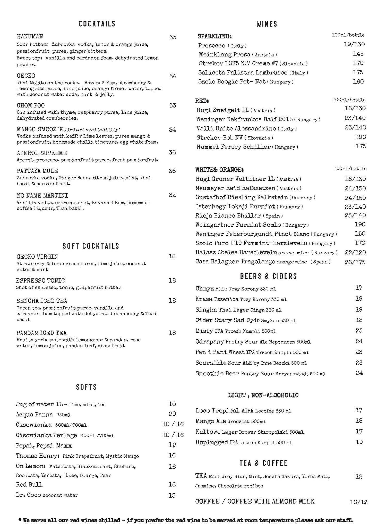 Menu at MOLÁM restaurant, Kraków