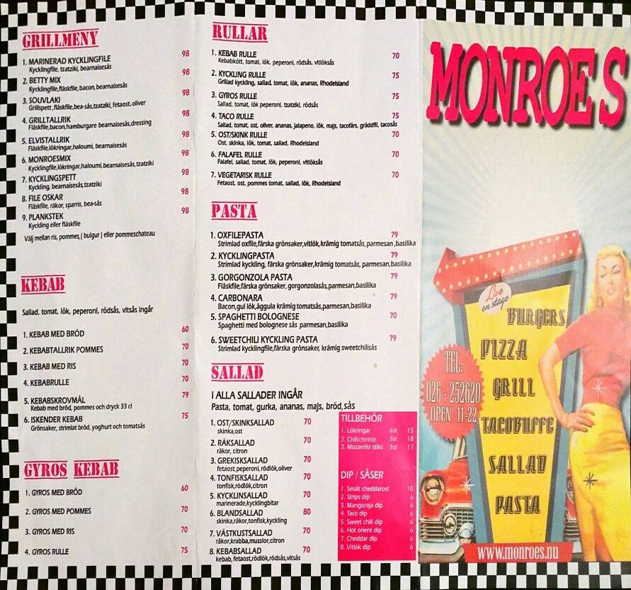 Menu at Monroes pizzeria, Sandviken