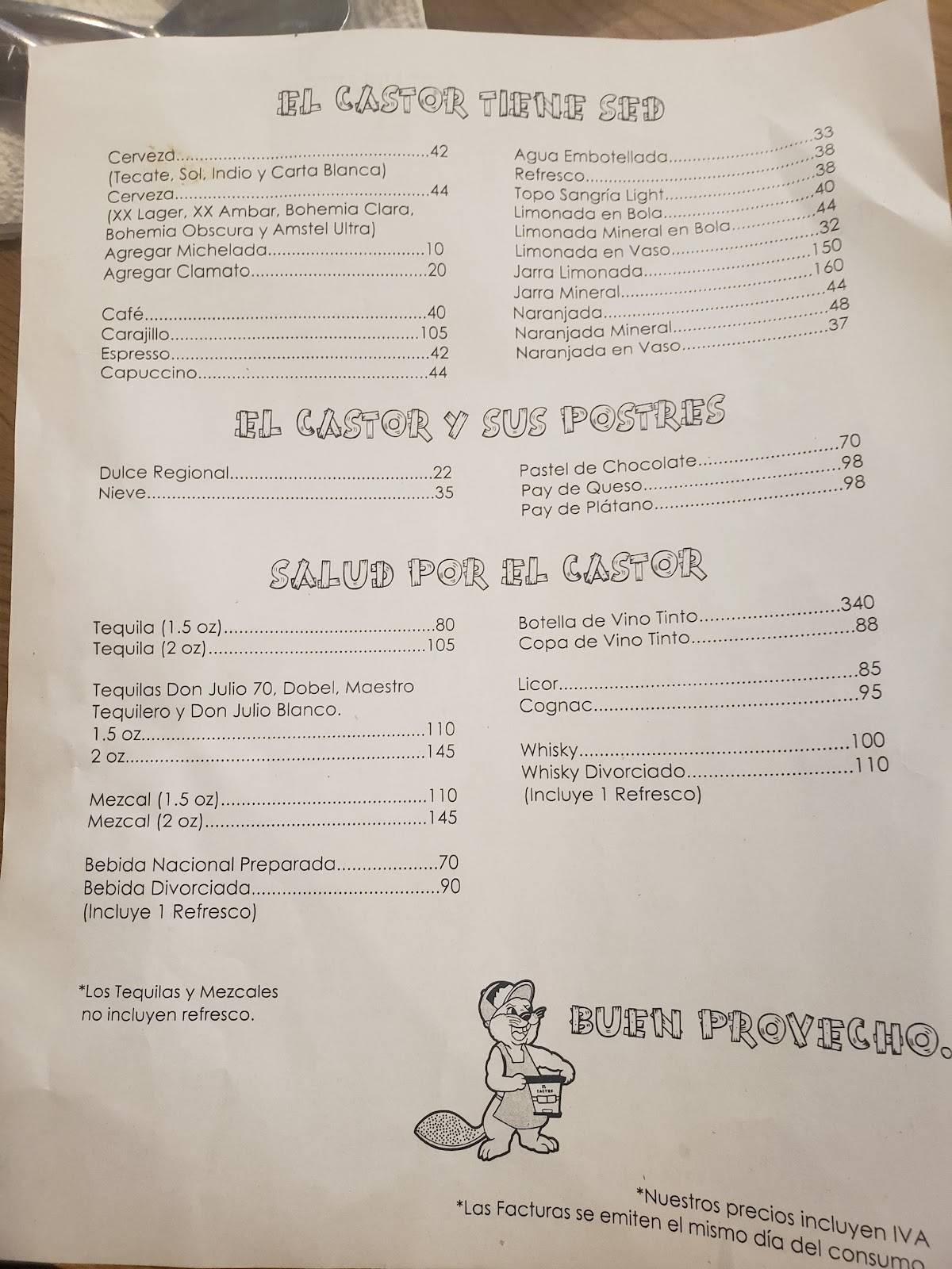 Carta del restaurante El Castor, Monterrey, Blvd. Rogelio Cantú Gomez #1000