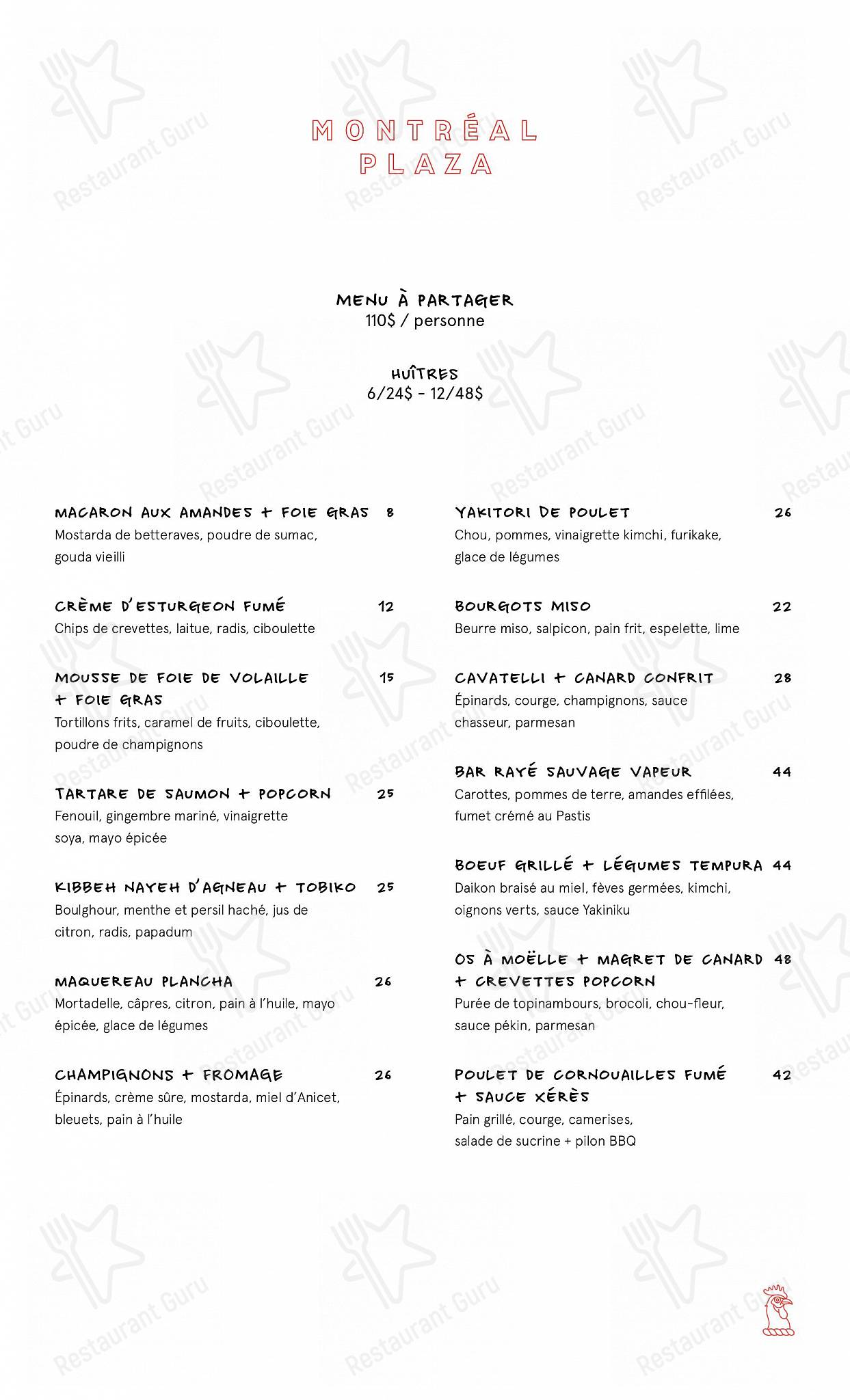 Menu au Montréal Plaza restaurant, Montréal, Rue St-Hubert