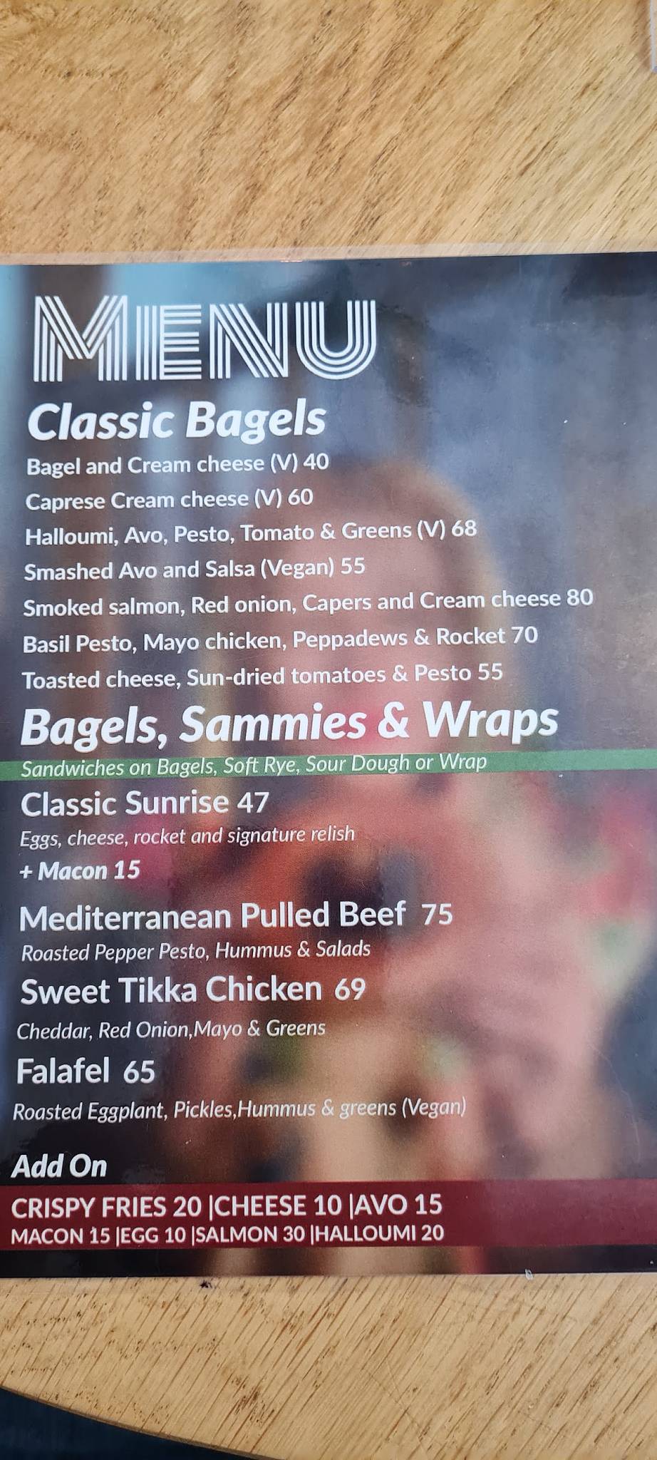 Menu at Mo's Diner restaurant, Cape Town