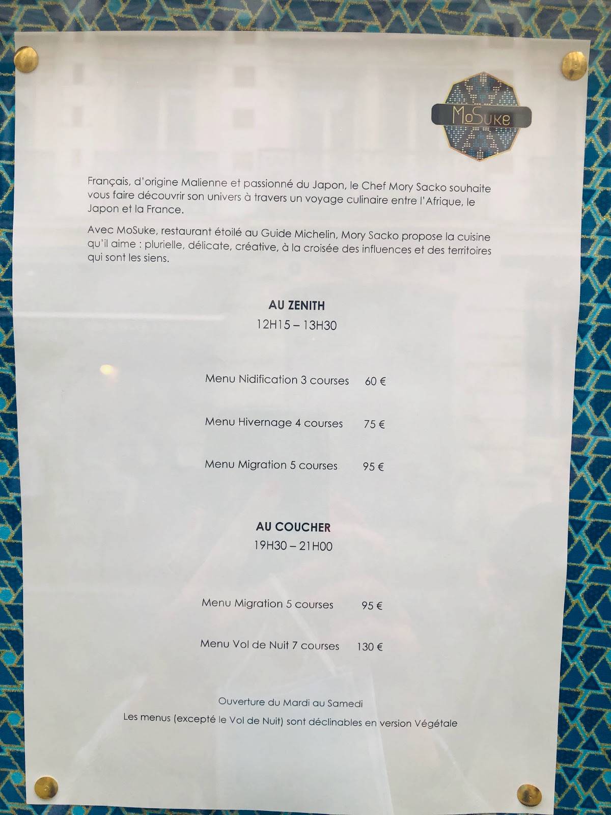 Menu au Mosuke restaurant, Paris