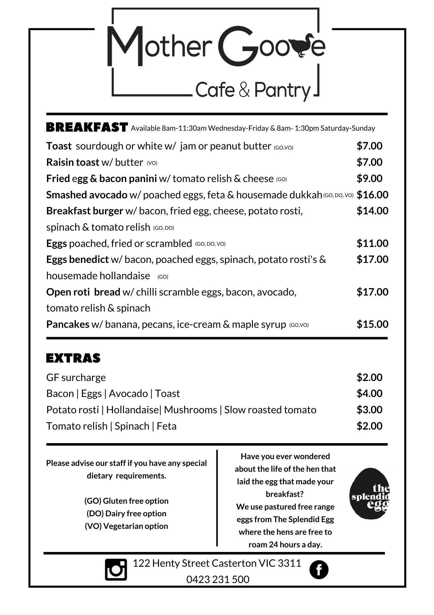 Menu at Mother Goose Cafe and Pantry, Casterton