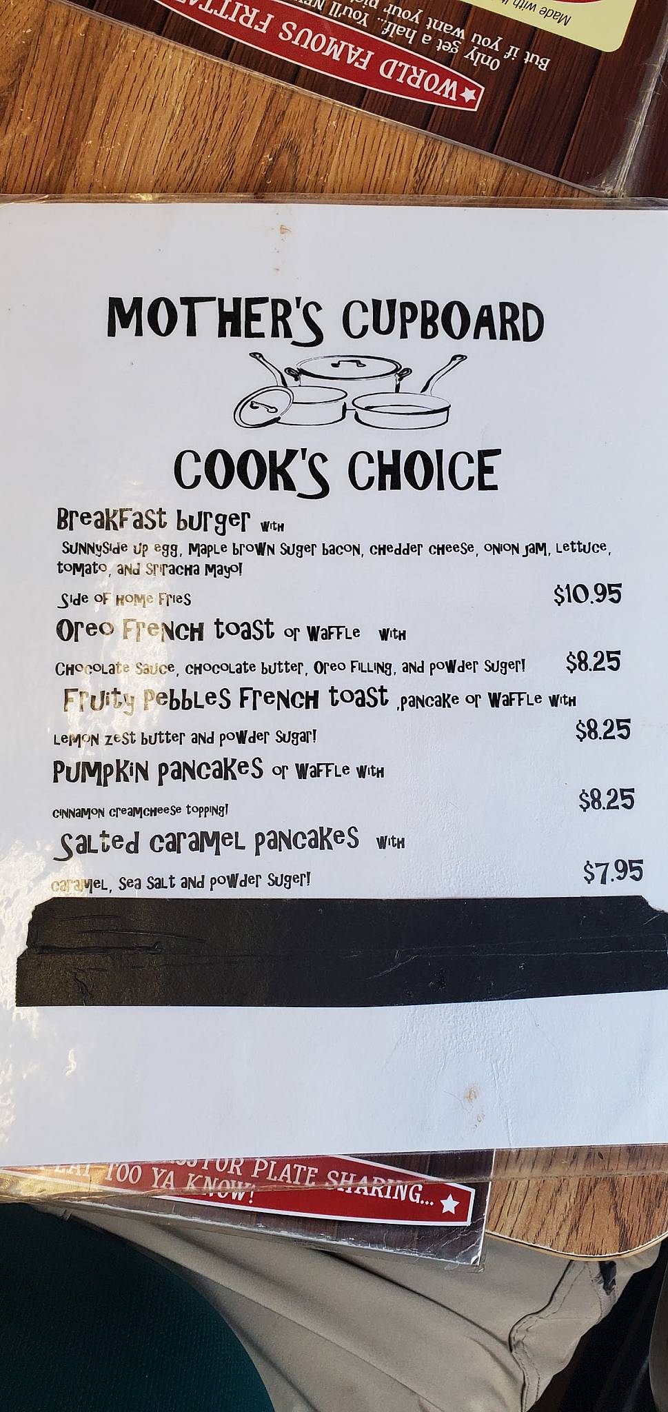 Menu at Mother's Cupboard restaurant, Syracuse
