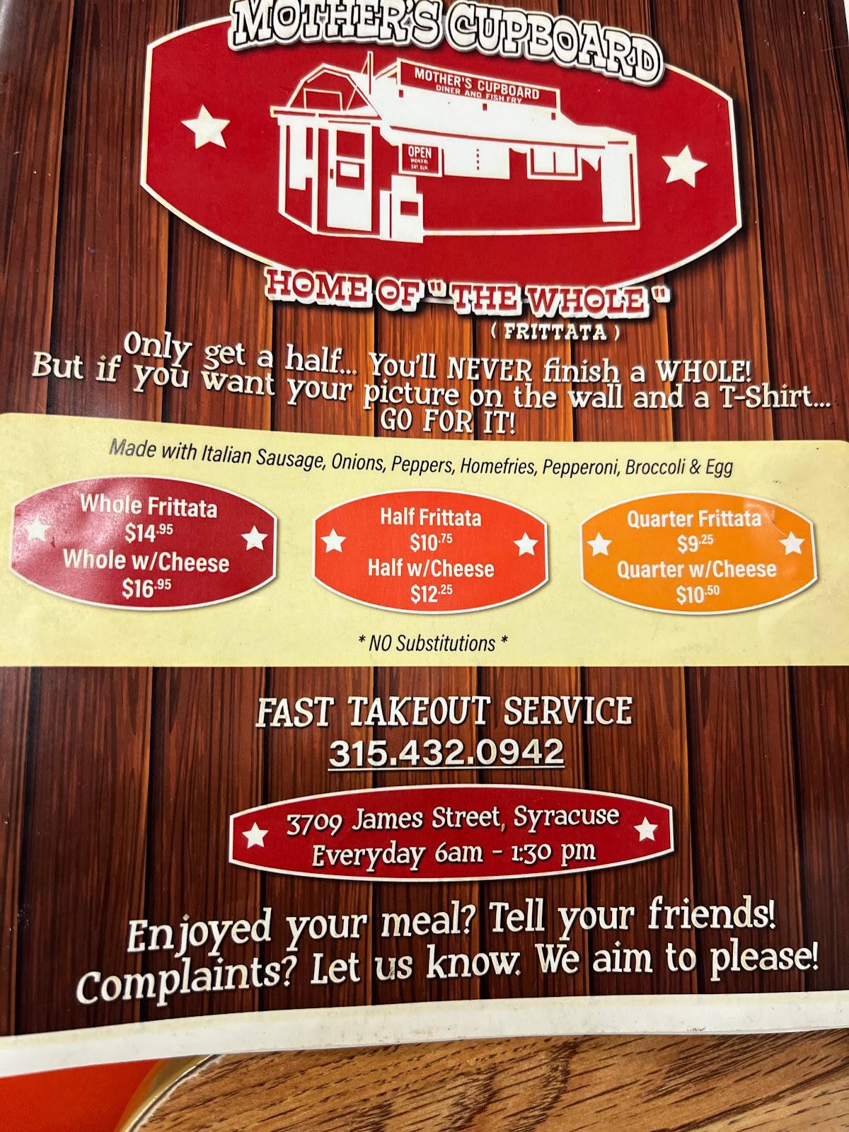 Menu at Mother's Cupboard restaurant, Syracuse