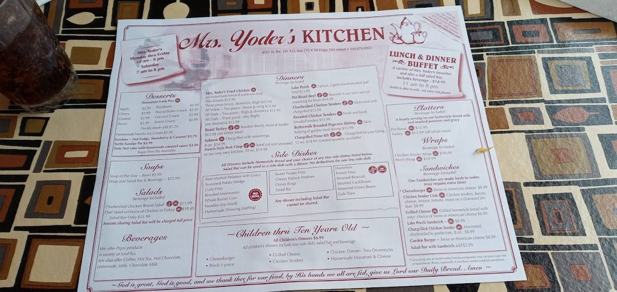 Menu at Mrs Yoders Kitchen restaurant, Mount Hope