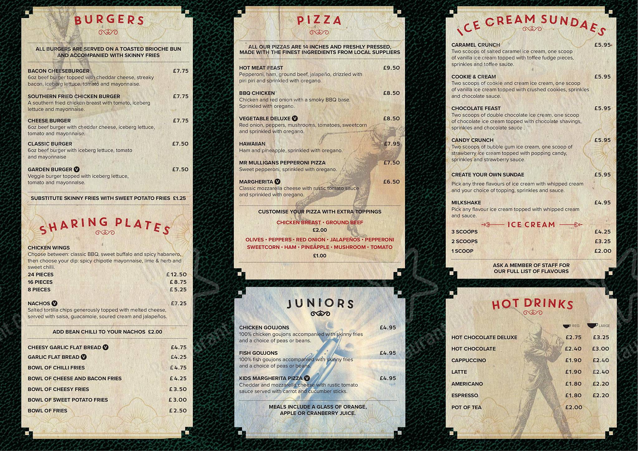 Menu at Mr Mulligans Cheltenham restaurant, Cheltenham