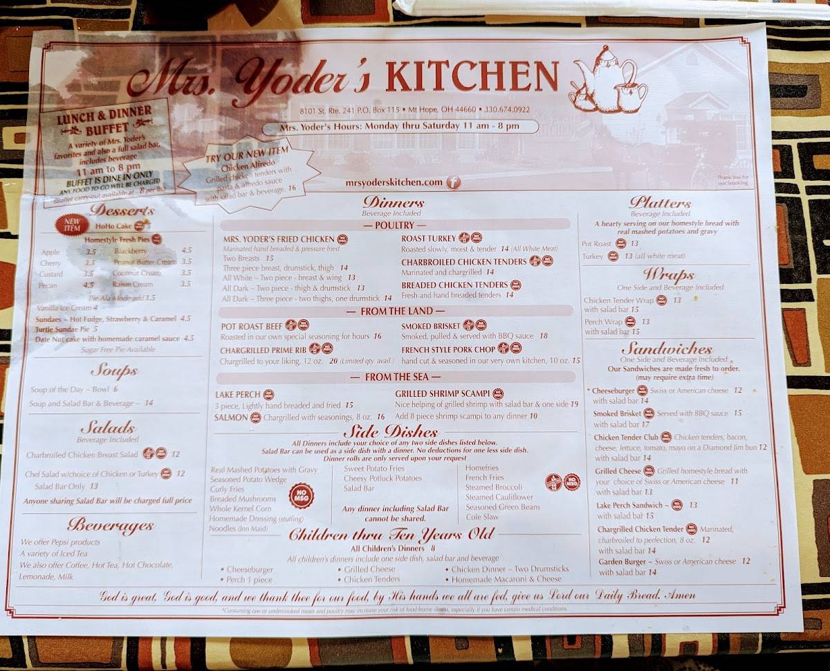 Menu at Mrs Yoders Kitchen restaurant, Mount Hope