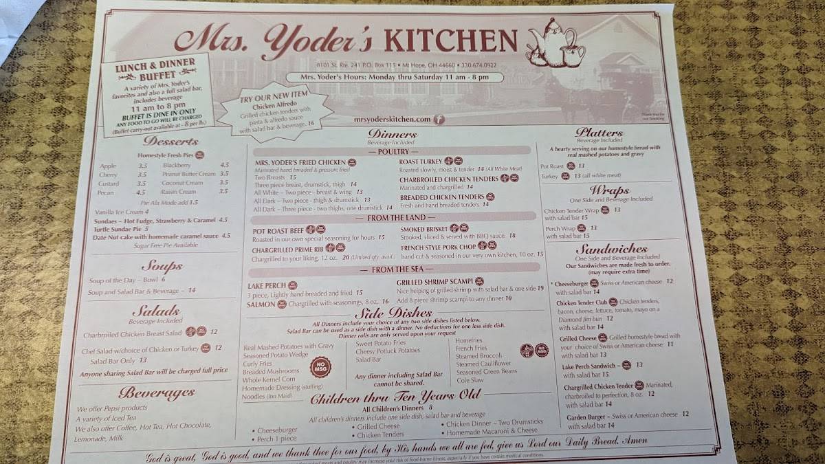 Menu at Mrs Yoders Kitchen restaurant, Mount Hope