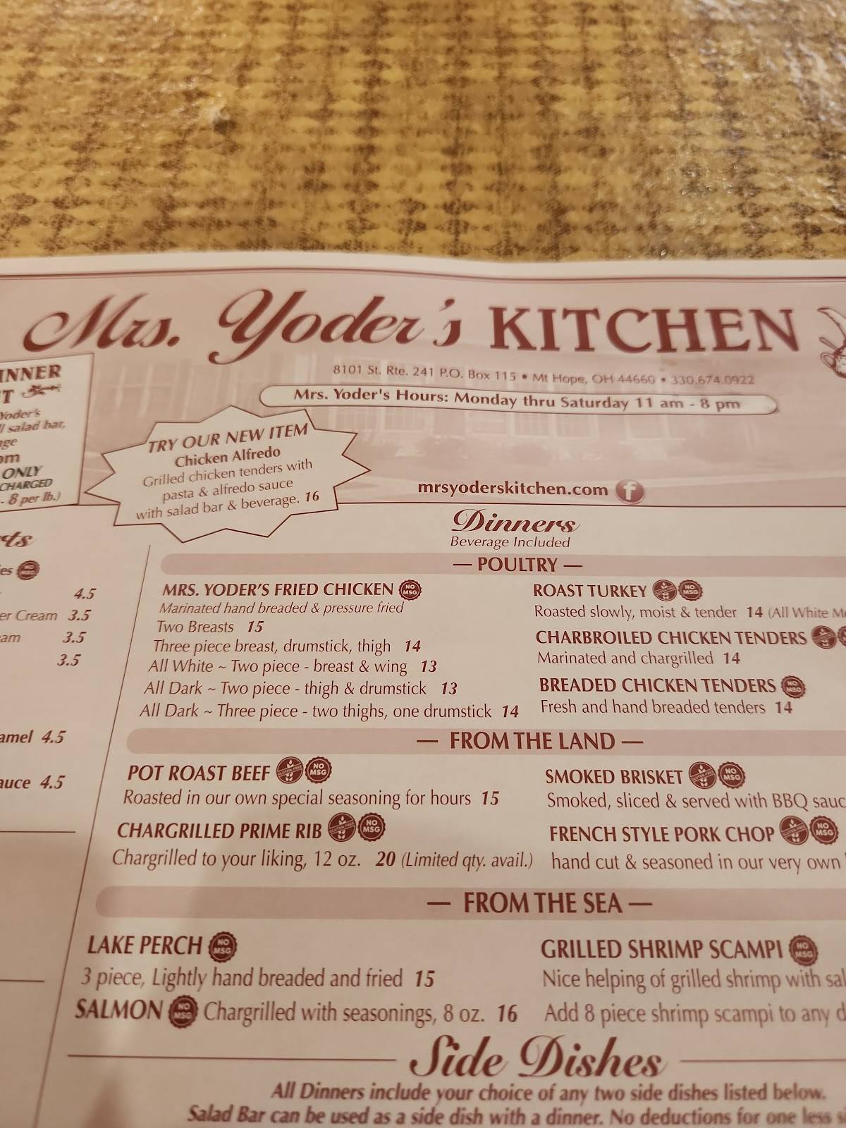 Menu at Mrs Yoders Kitchen restaurant, Mount Hope