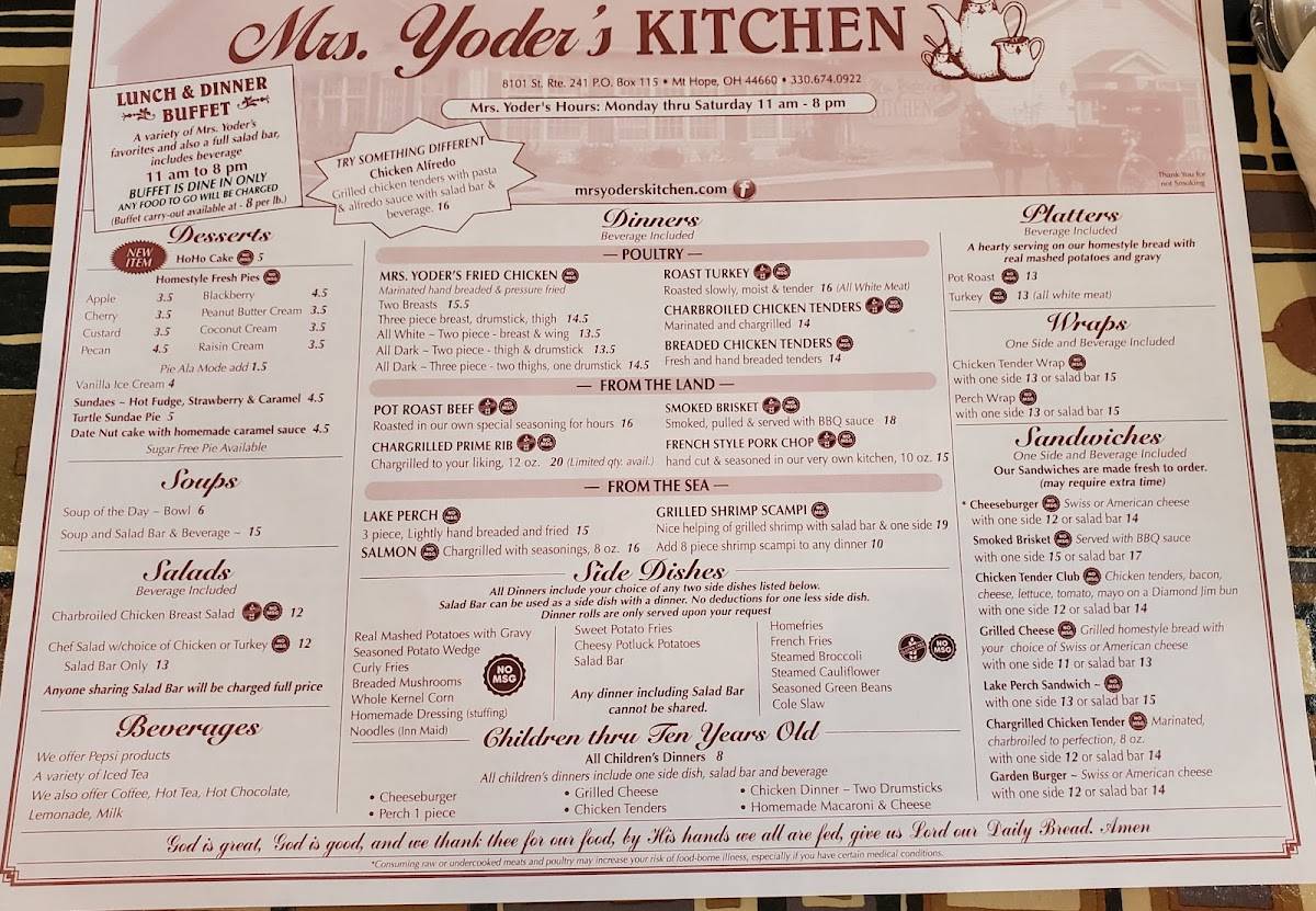 Menu at Mrs Yoders Kitchen restaurant, Mount Hope