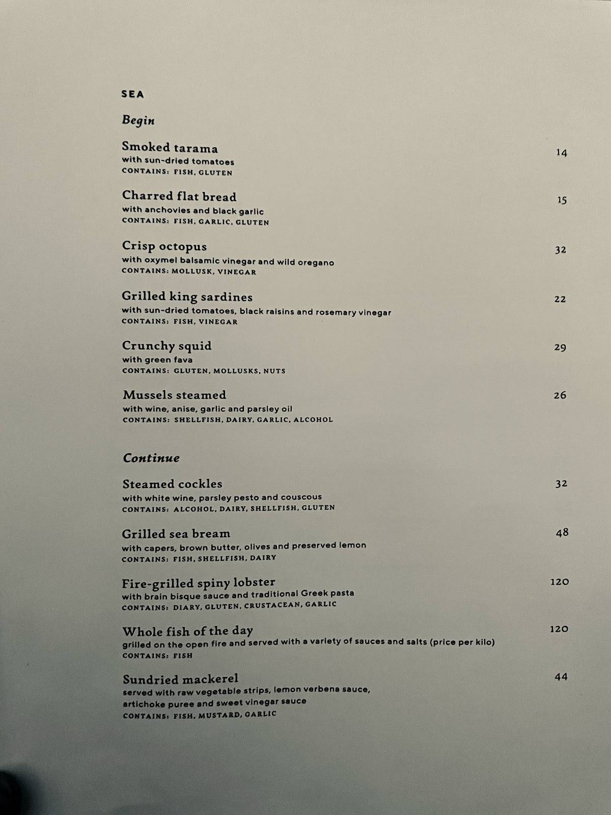 Menu at Noema, Mikonos