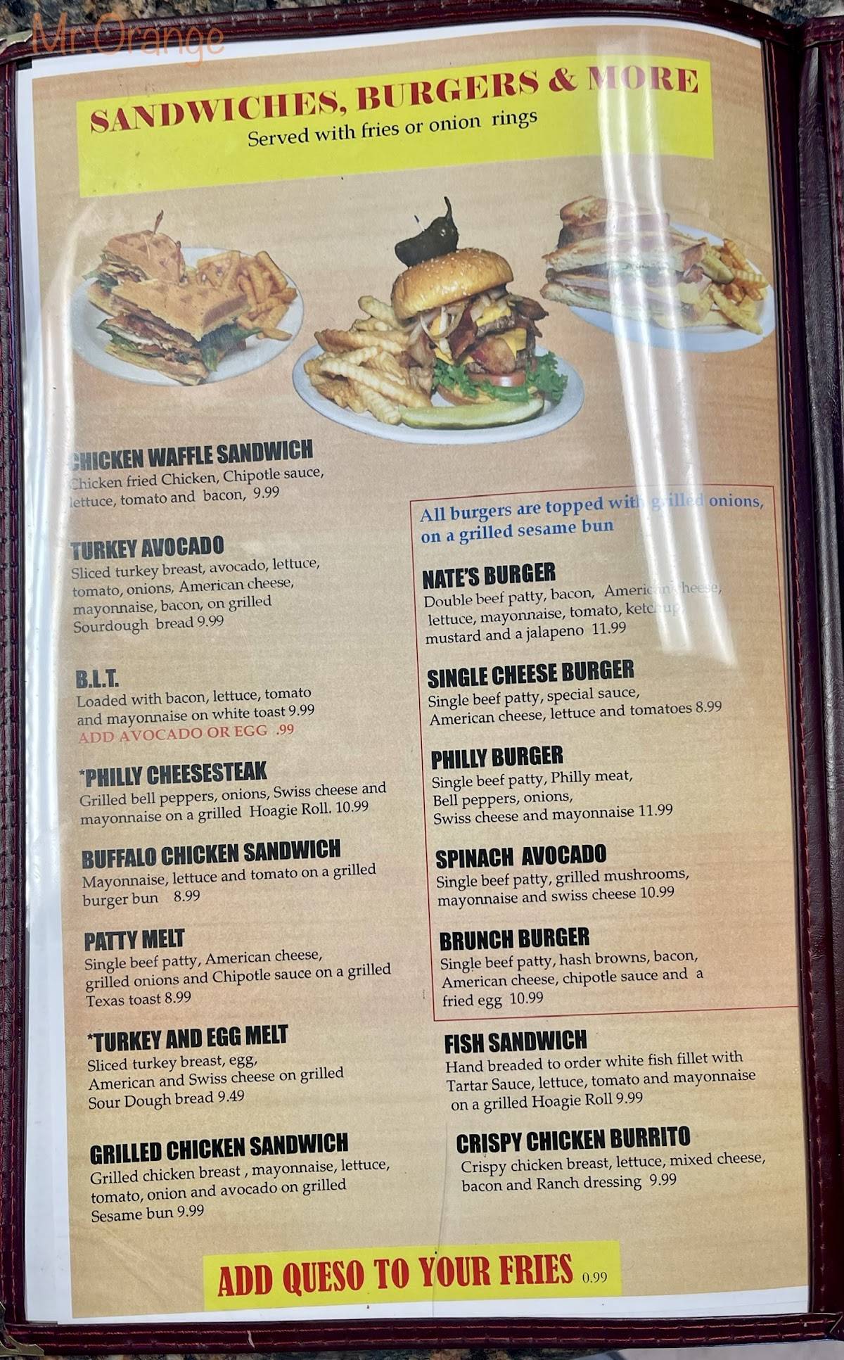 Menu at Nate's Diner restaurant, Houston