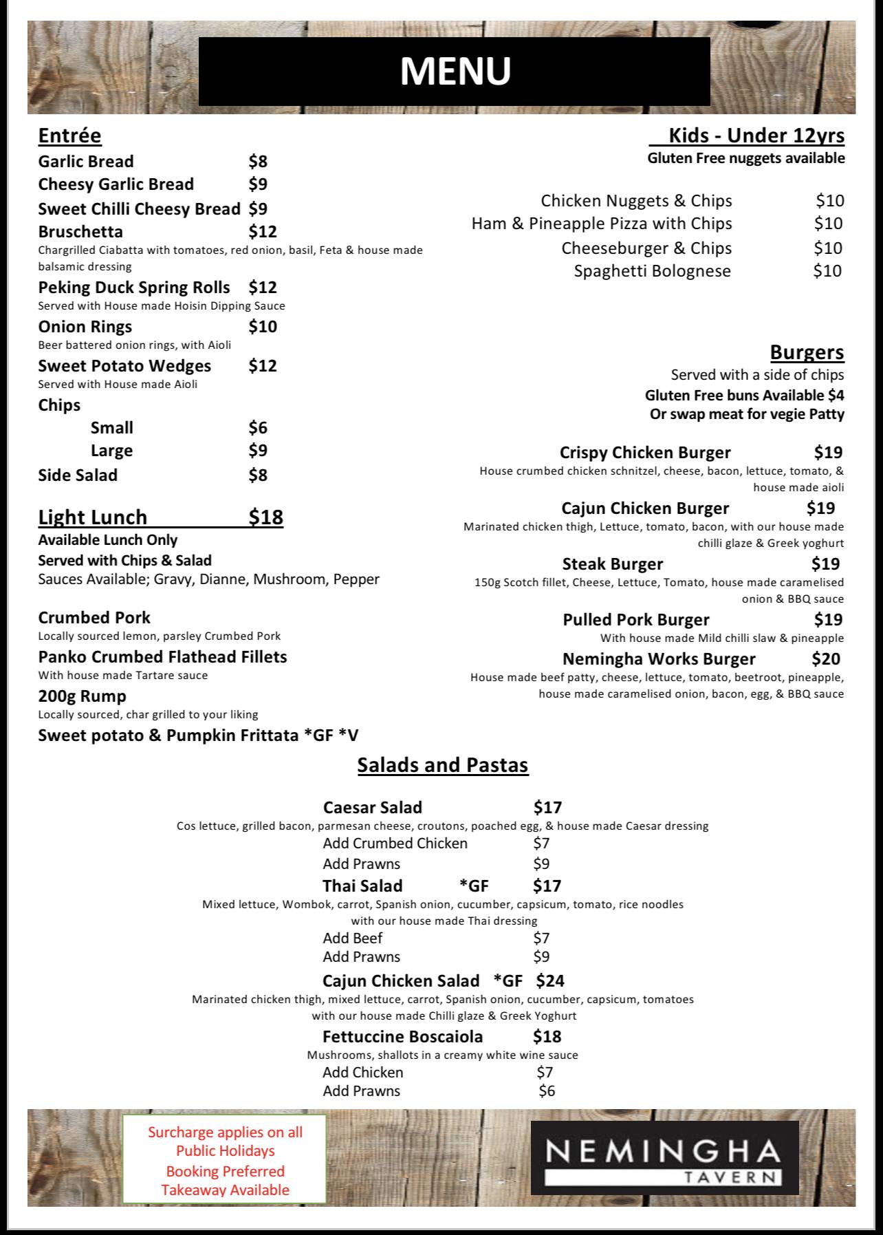 Menu at Nemingha Tavern pub & bar, Nemingha