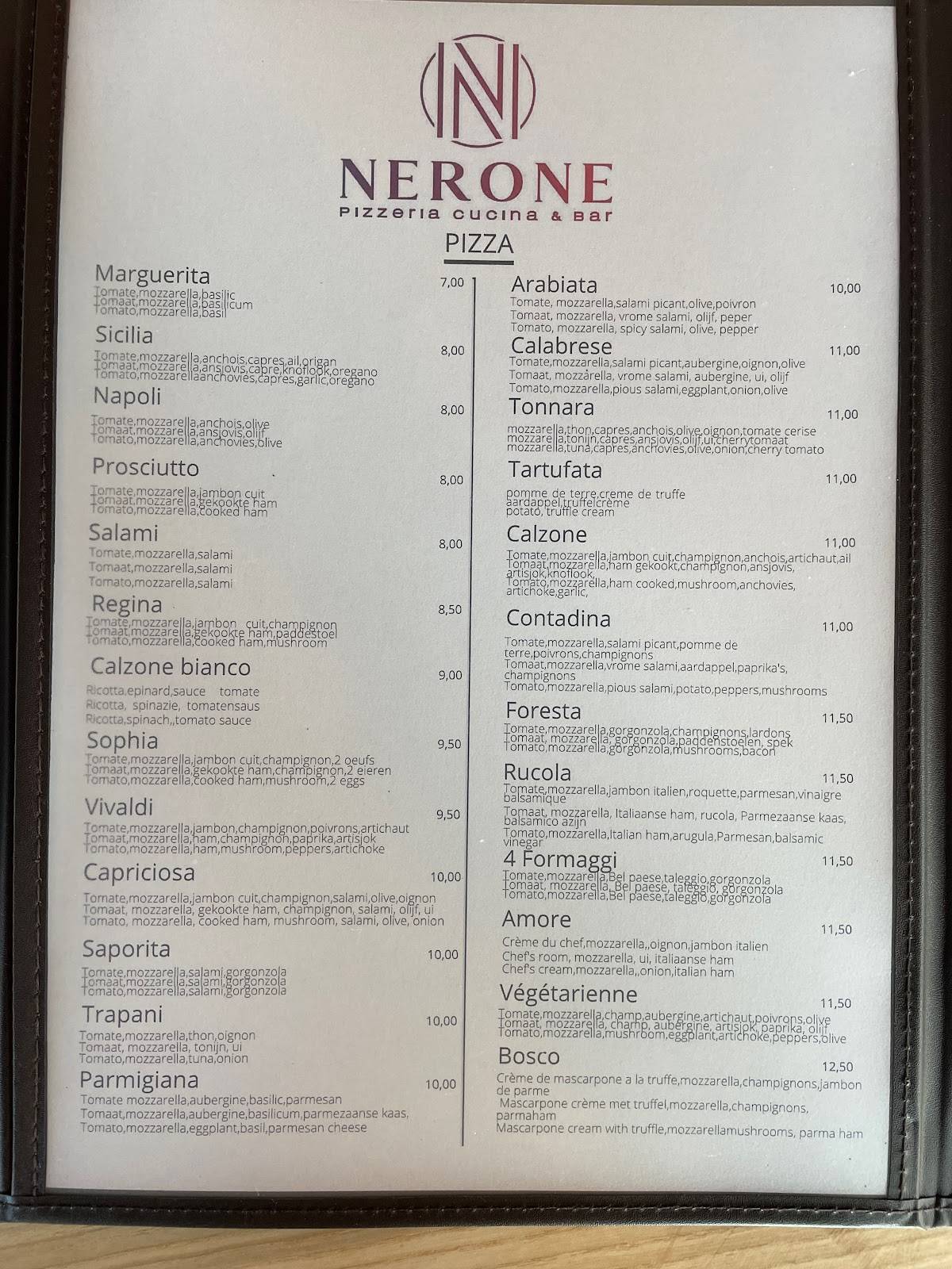 Speisekarte von Nerone, Anderlecht
