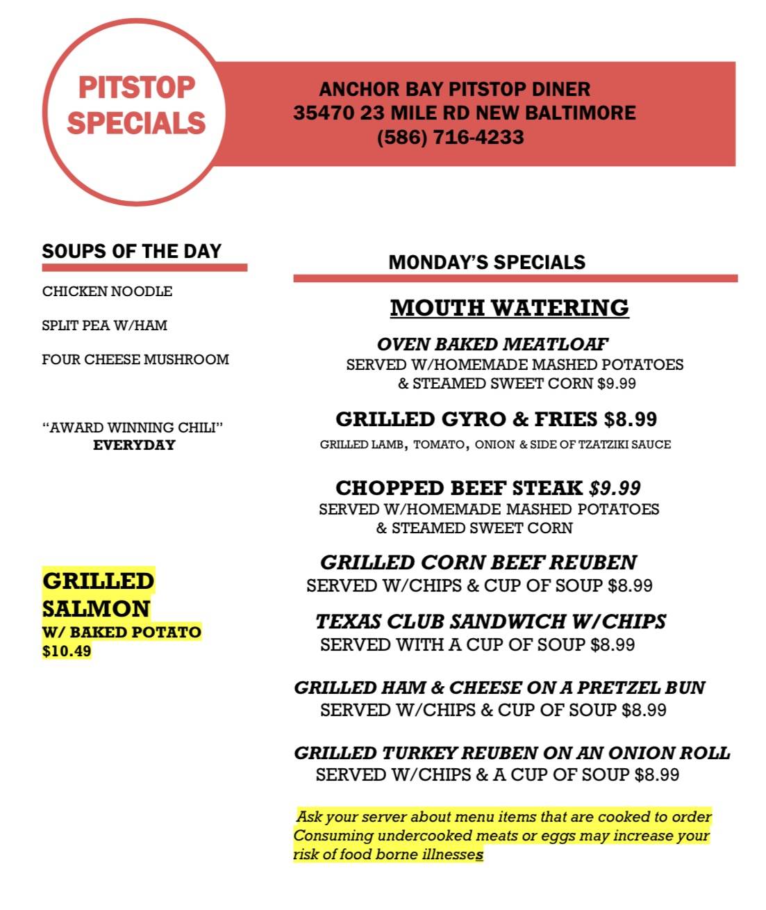 Menu at Anchor Bay Pit Stop Diner restaurant, New Baltimore