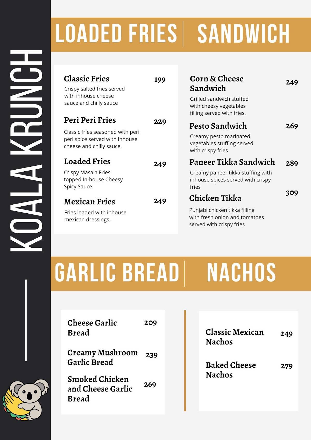 Menu at Koala Krunch, New Delhi