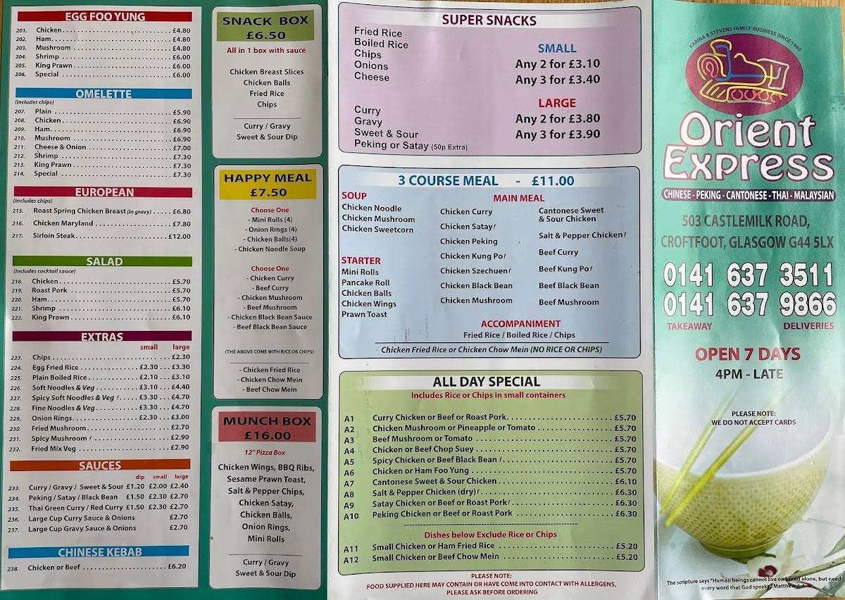Menu at New Orient Express fast food, Glasgow, 503 Castlemilk Rd